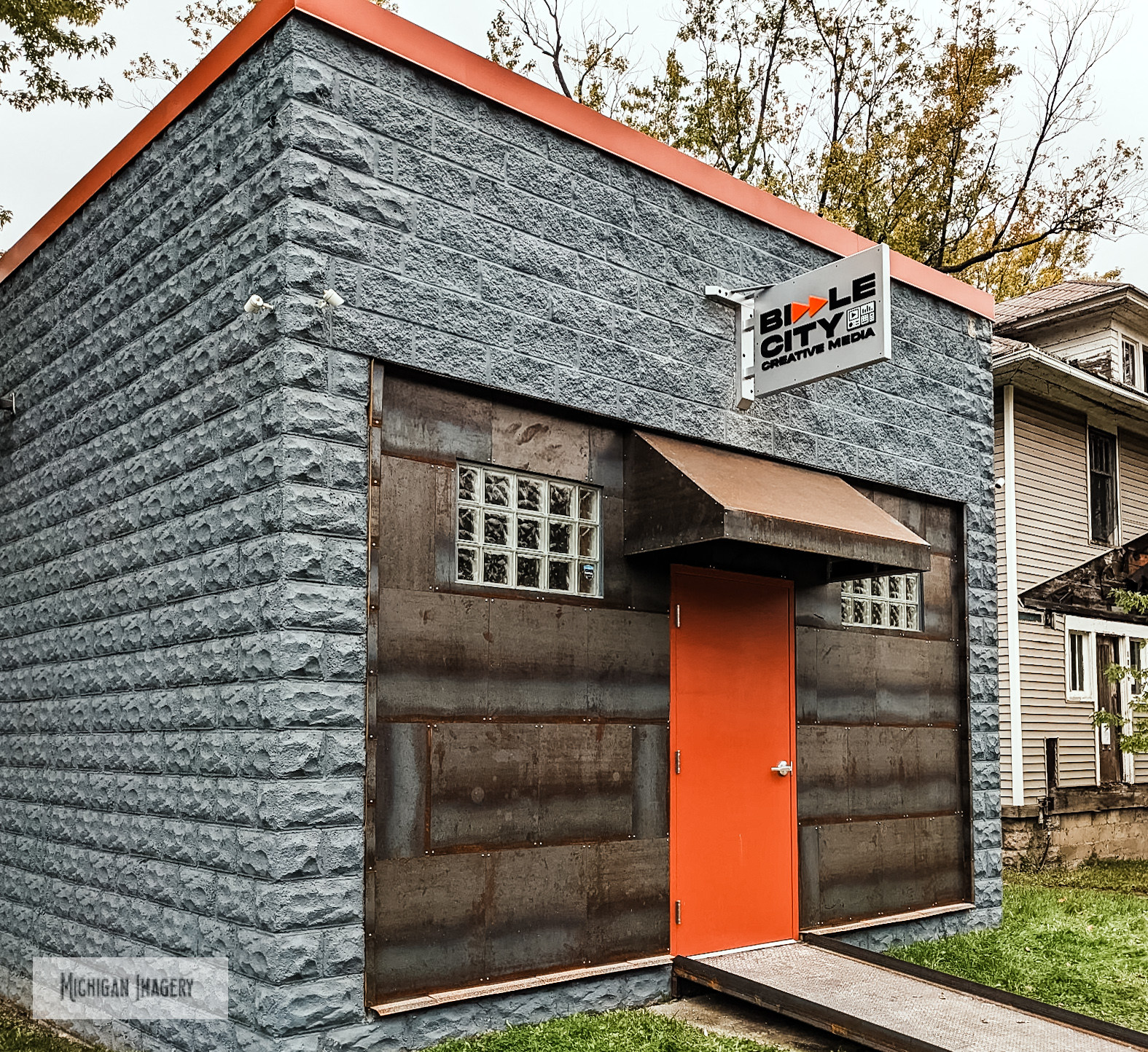 Biddle City Corten Building and Sign - Michigan Imagery